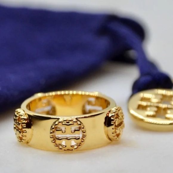 Tory Burch | Jewelry | Tory Burch Gold Milgrain Logo Ring | Poshmark